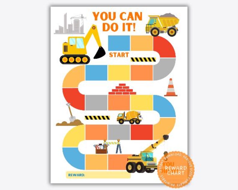 Printable Toddler Reward Chart, Construction Digger, Excavator, Backhoe ...