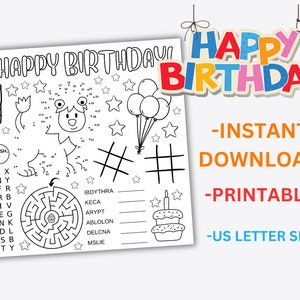 Printable Birthday Activity Placemat, Kids Coloring Mat, Birthday ...