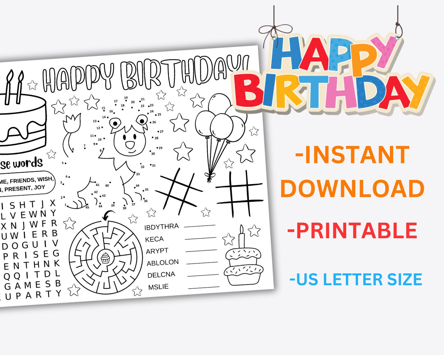 Printable Birthday Activity Placemat, Kids Coloring Mat, Birthday ...