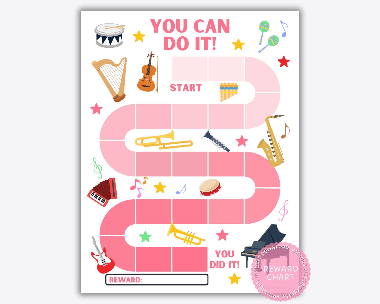 Printable Music Practice Chart, Kids Reward Chart, Instrument Reward ...