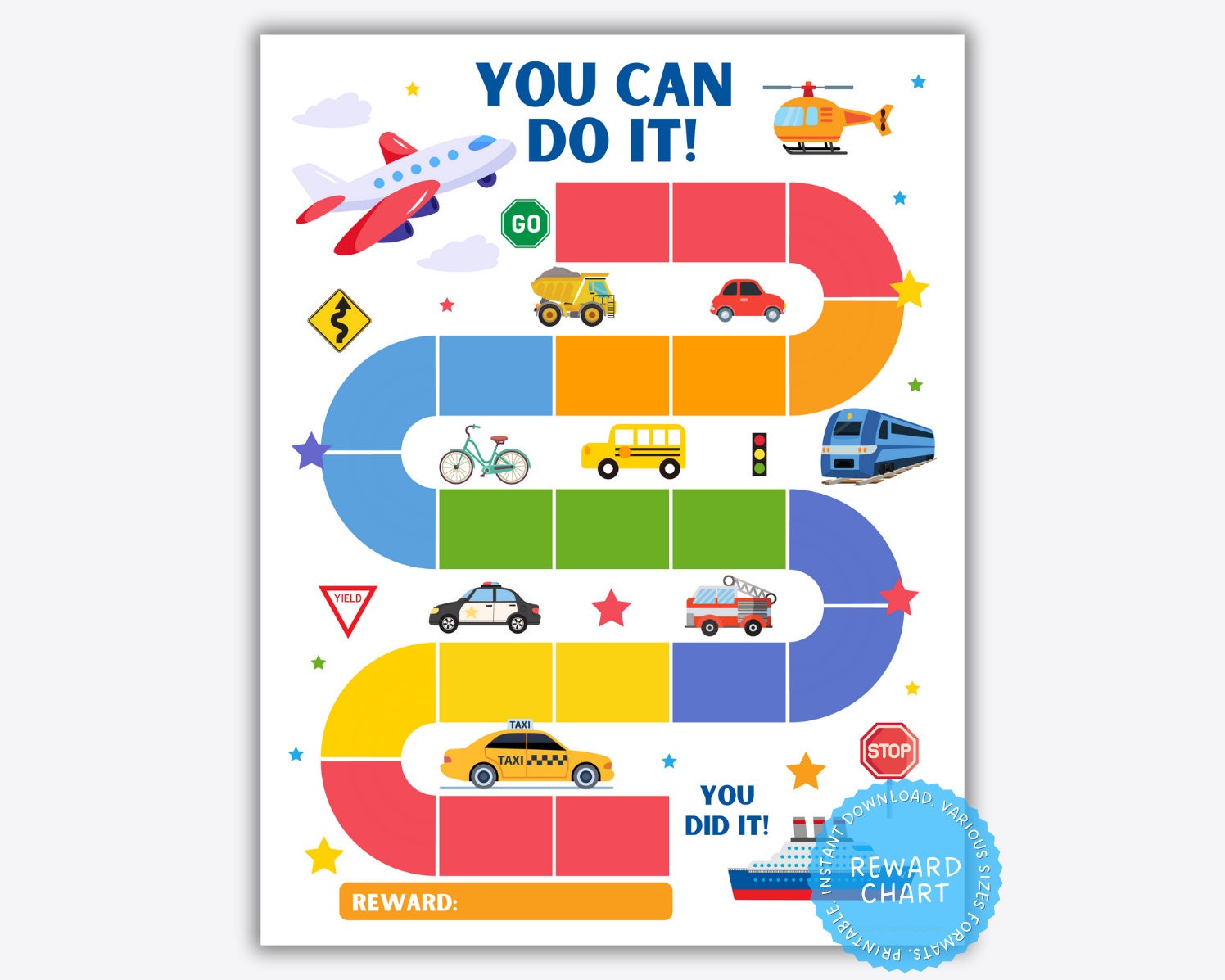 Vehicle Reward Chart Kids Printable, Kids Reward Chart, Potty Training ...