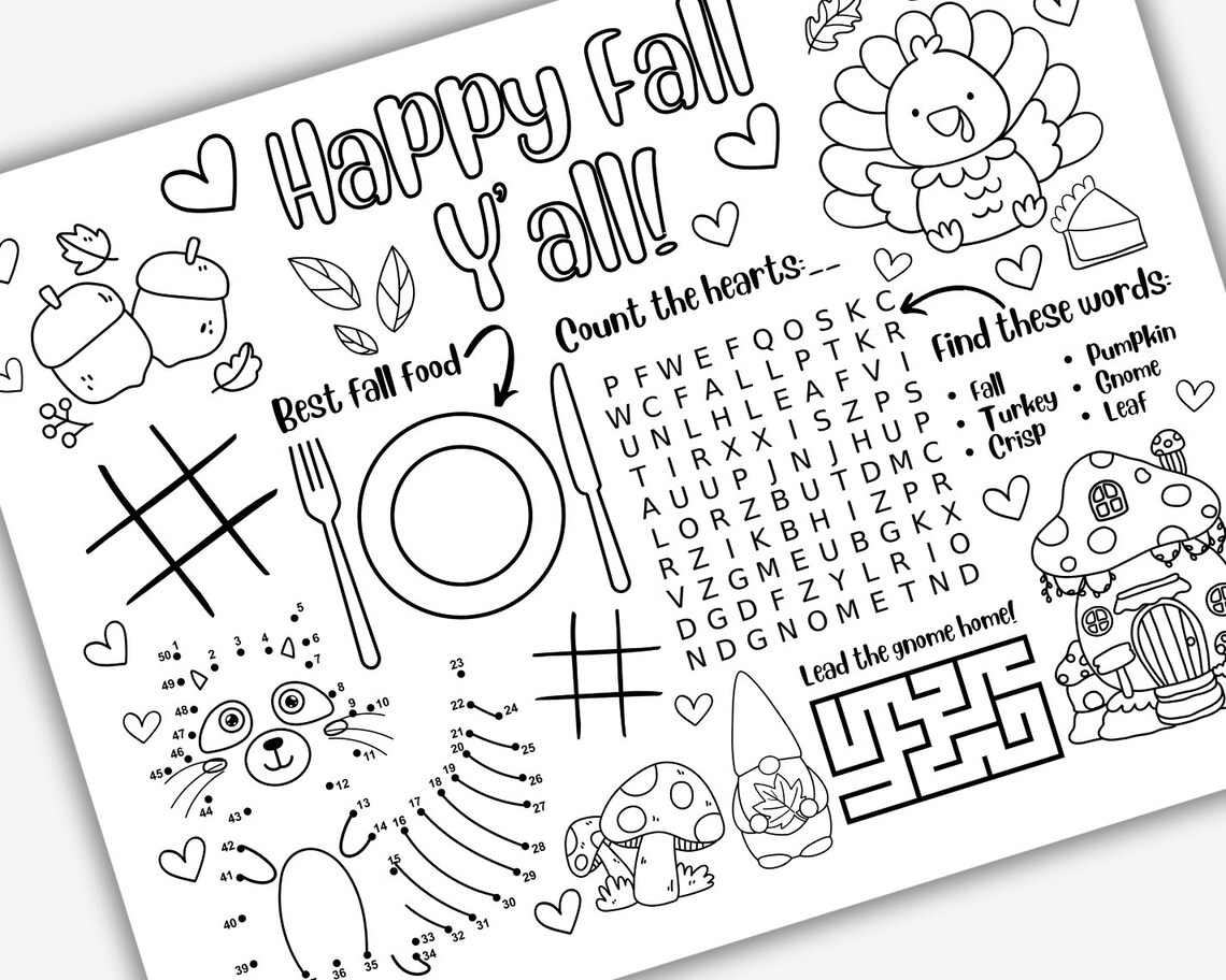 Fall Activity Placemat, Autumn Coloring Placemat, Printable Pumpkin ...