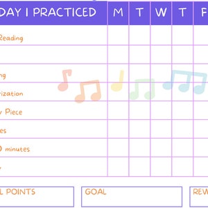 Printable Music Practice Reward Chart for Kids - Piano, Violin, Guitar ...