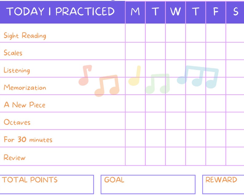 Printable Music Practice Reward Chart for Kids - Piano, Violin, Guitar ...