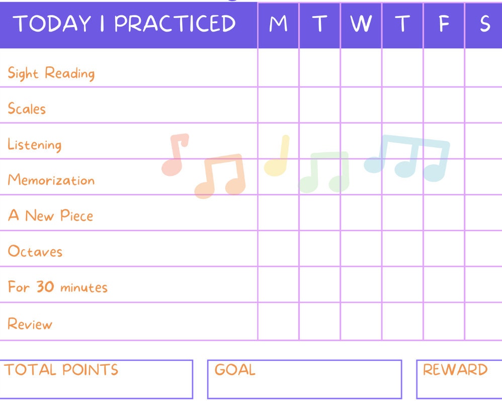 Printable Music Practice Reward Chart for Kids - Piano, Violin, Guitar ...