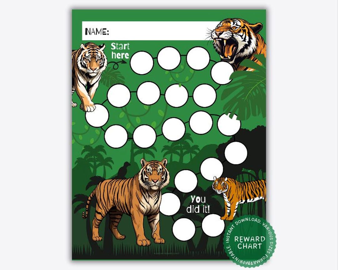 Printable Tiger Reward Chart for Boys, Sticker Chart, Habit Tracker ...