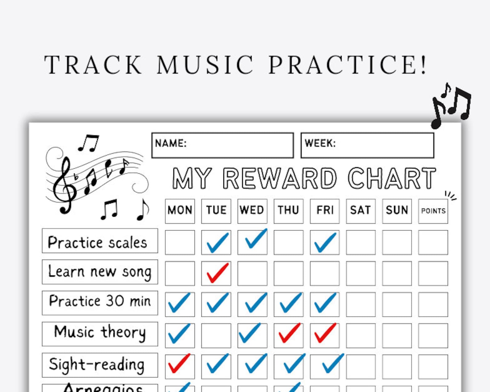 Printable Music Reward Chart, Music Practice Chart, Kids Reward Chart ...