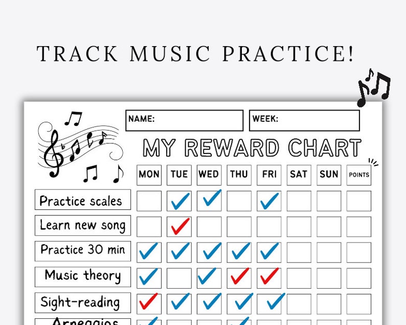 Printable Music Reward Chart, Music Practice Chart, Kids Reward Chart ...