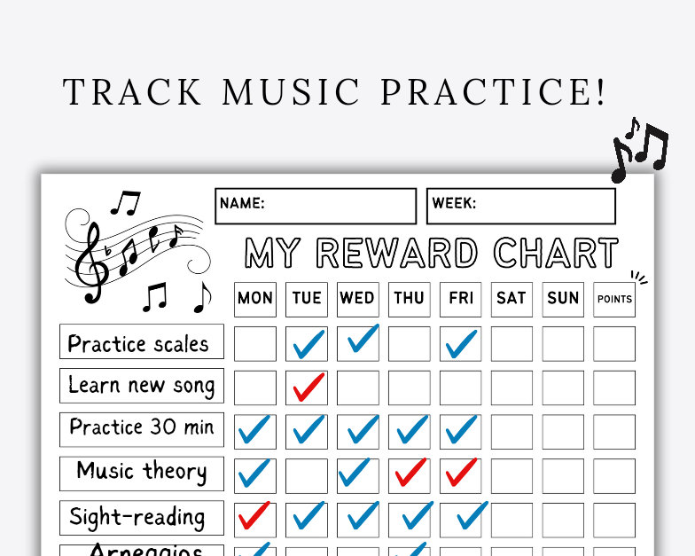 Printable Music Reward Chart, Music Practice Chart, Kids Reward Chart ...