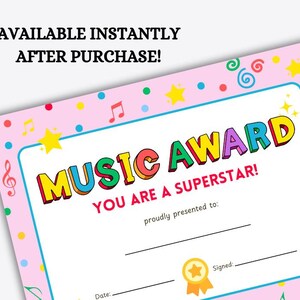 Kids Music Award Certificate Printable: Classroom Achievement (PDF) - Etsy