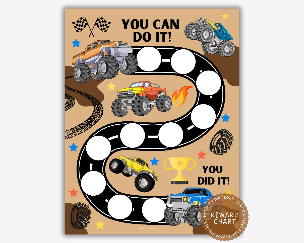 Printable Monster Truck Behavior Chart for Boys: Potty Training, Chores ...