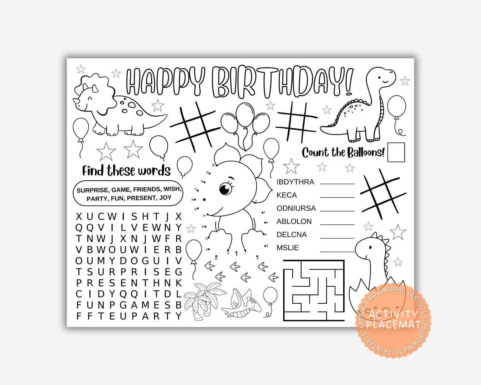 Birthday Activity Placemat, Birthday Coloring Placemat, Printable ...