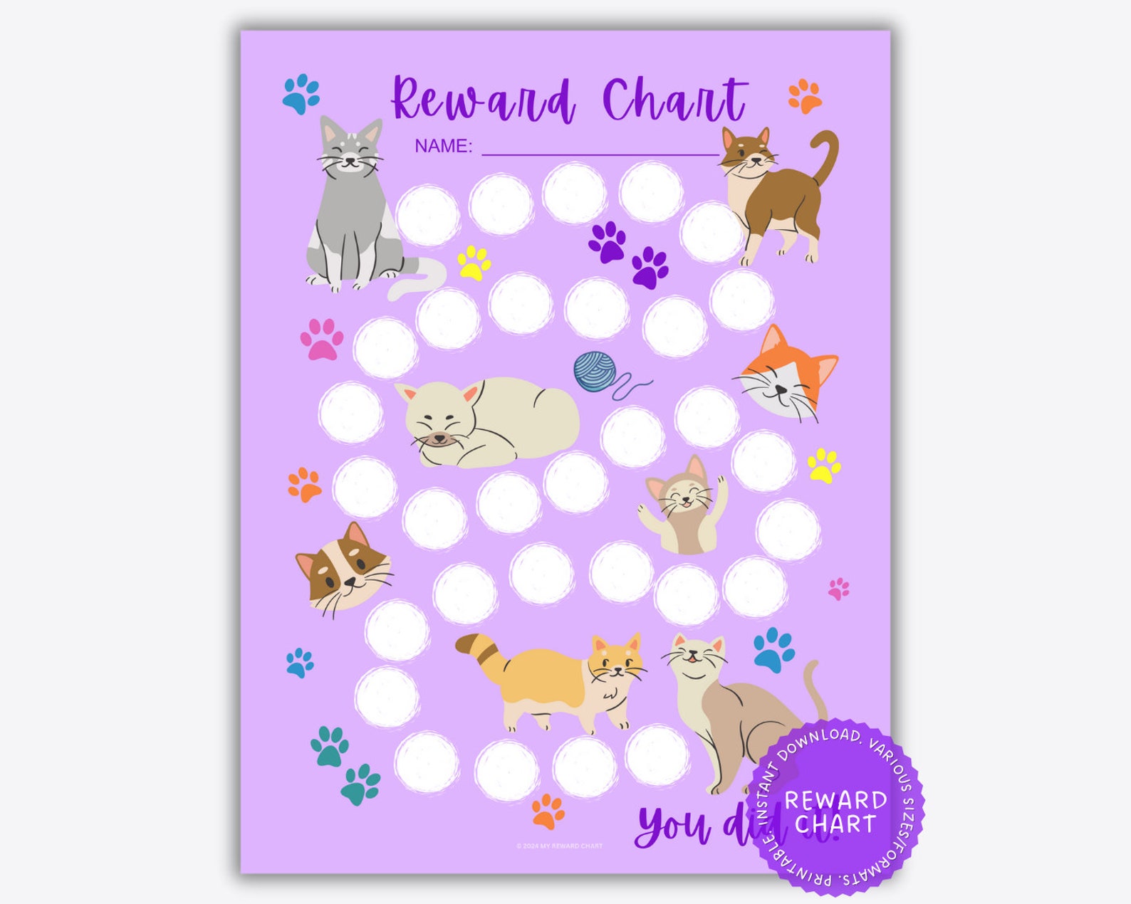 Cat Reward Chart, Printable Reward Chart, Printable Potty Chart for ...