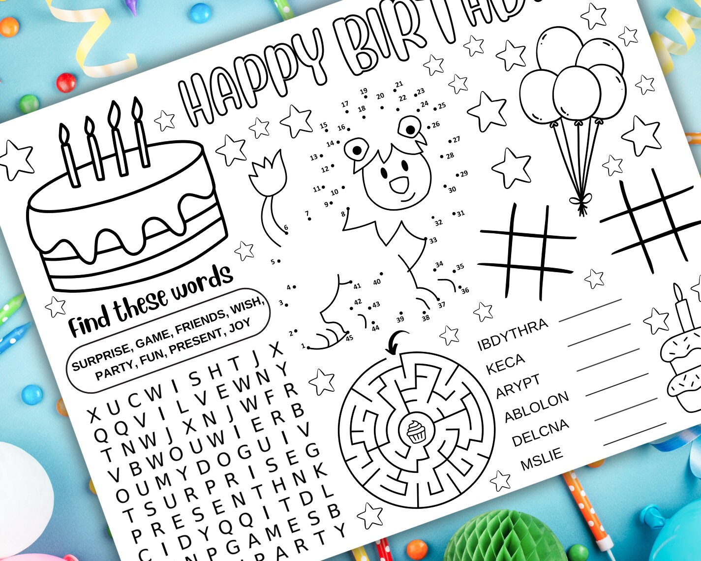 Printable Birthday Activity Placemat, Kids Coloring Mat, Birthday ...