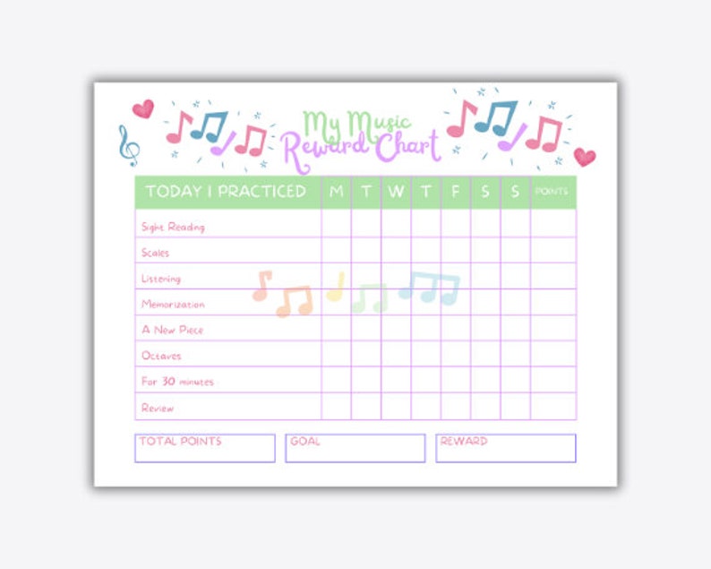 Printable Music Practice Reward Chart for Kids - Piano, Violin, Guitar ...
