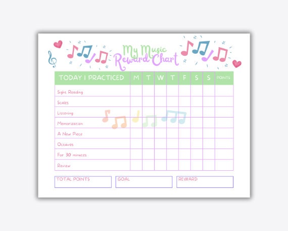 Printable Music Practice Reward Chart for Kids - Piano, Violin, Guitar ...