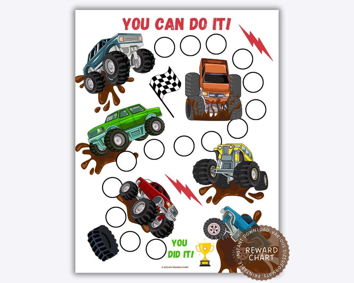 Printable Monster Truck Reward Chart, Big Cars Kids Behavior Chart ...