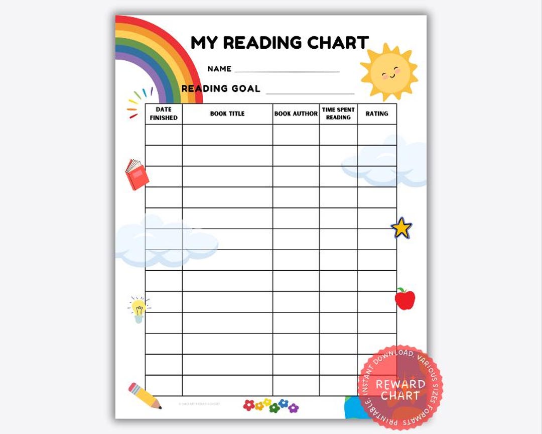 Kids Printable Reading Chart, Book Log, Chart, Rainbow Reading Chart ...