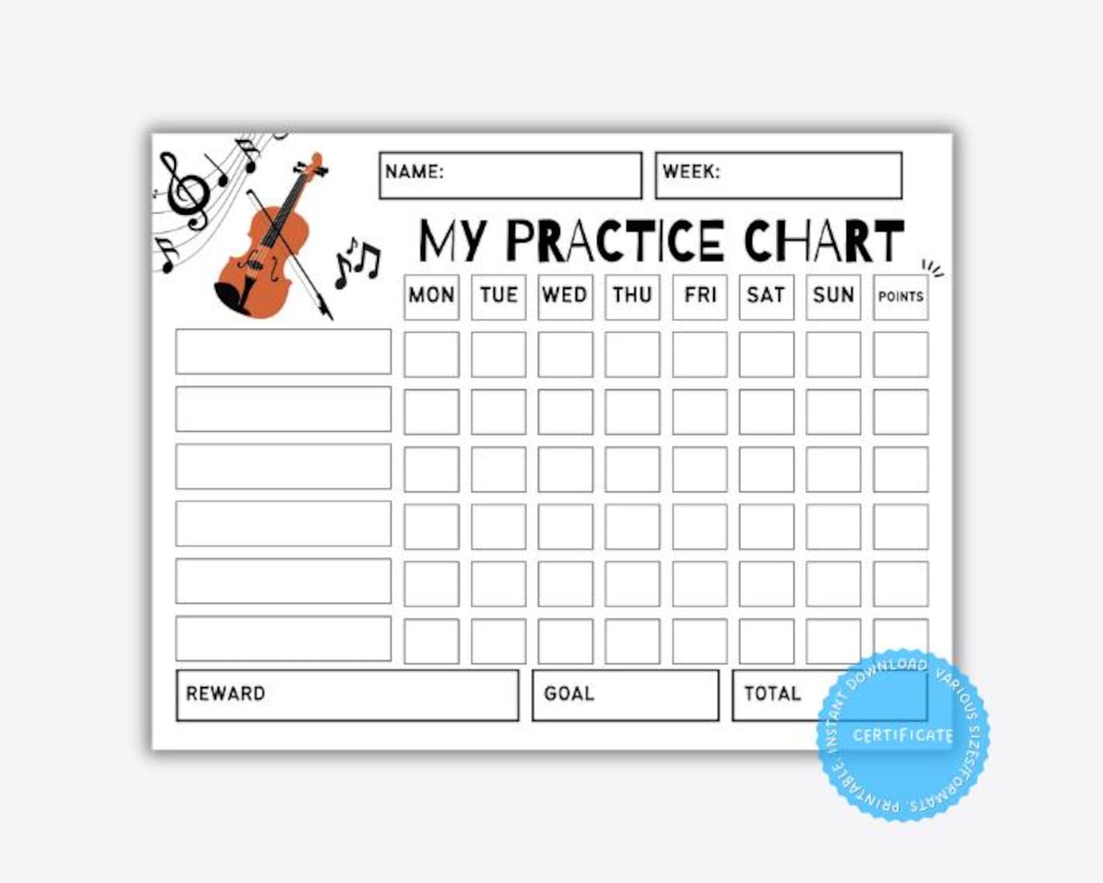 Printable Violin Practice Reward Chart, Violin Practice Chart, Violin ...