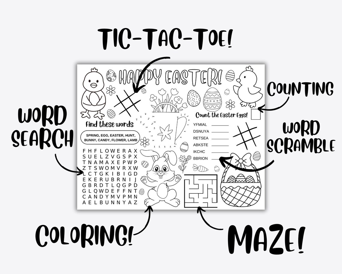 Easter Activity Placemat, Spring Coloring Placemat, Printable Easter ...