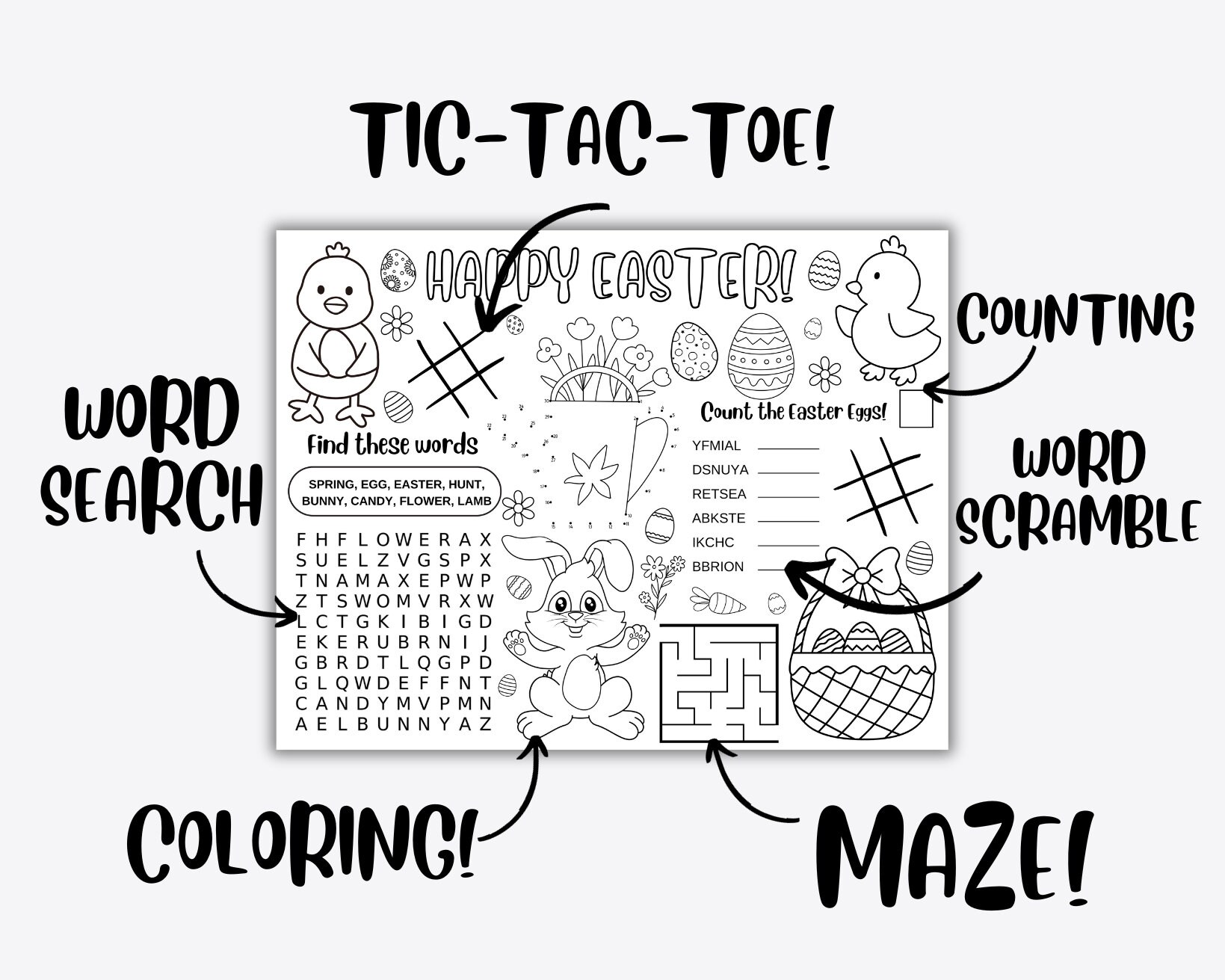 Easter Activity Placemat, Spring Coloring Placemat, Printable Easter ...