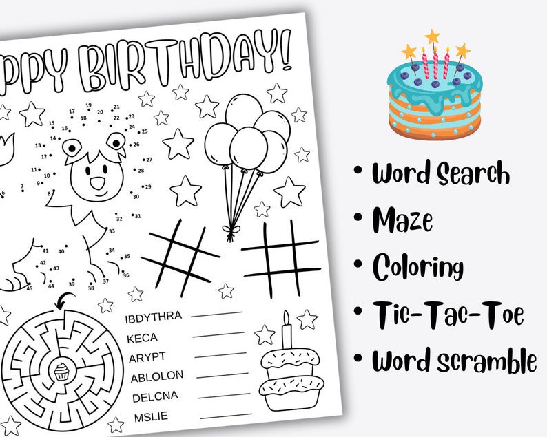 Printable Birthday Activity Placemat, Kids Coloring Mat, Birthday ...