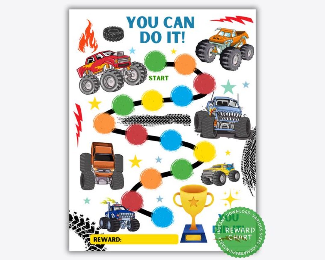 Printable Monster Truck Reward Chart, Big Cars Kids Behavior Chart ...