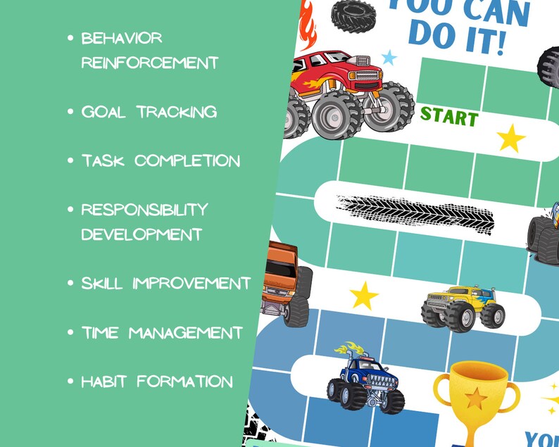 Monster Truck Reward Chart for Boys, Boys Potty Training Chart, Big ...