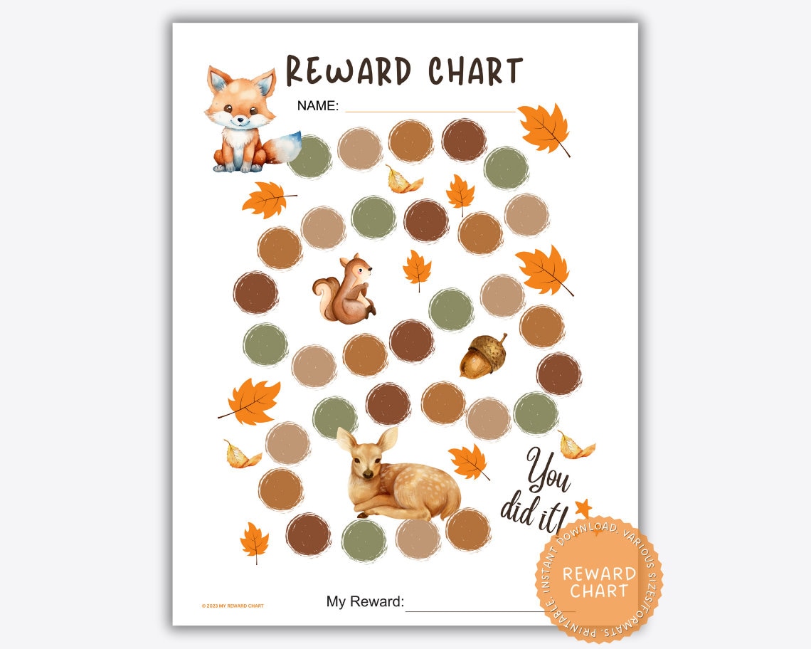 Fall Reward Chart for Kids, Forest Animals Reward Chart, Sticker Chart ...