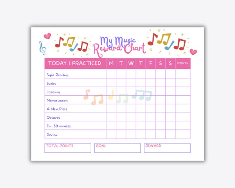 Printable Music Practice Reward Chart for Kids - Piano, Violin, Guitar ...