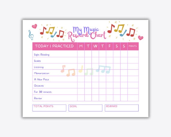 Printable Music Practice Reward Chart for Kids - Piano, Violin, Guitar ...