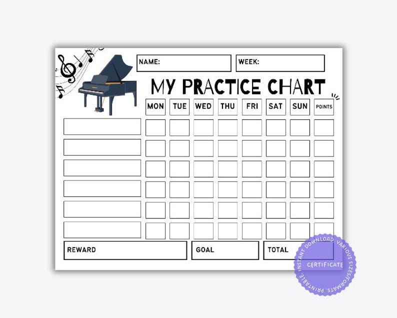 Printable Piano Practice Reward Chart, Piano Practice Chart, Reward ...