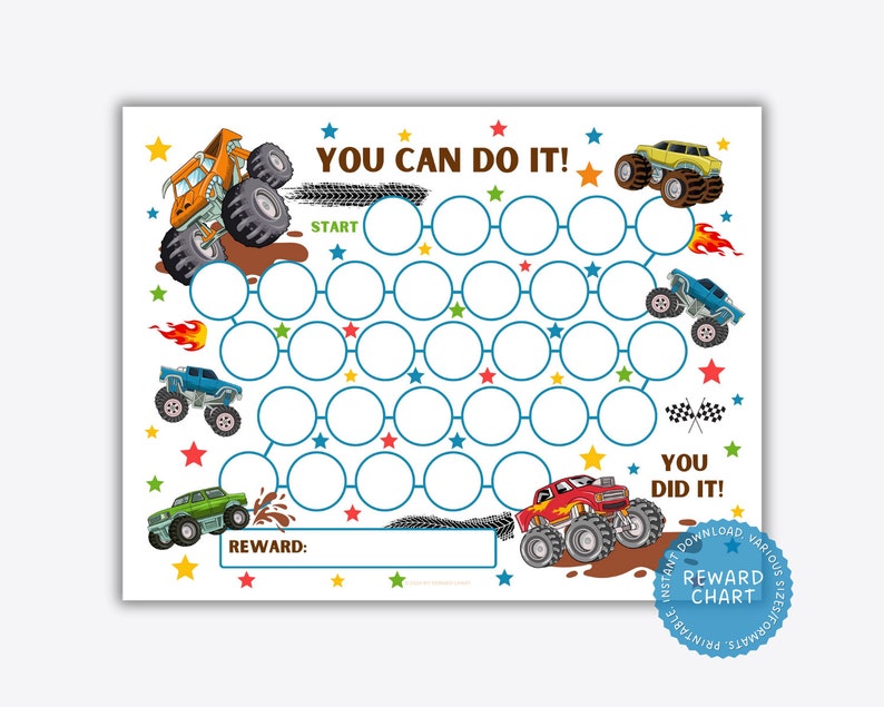 Monster Truck Reward Chart, Printable Reward Chart Kids, Potty Training ...
