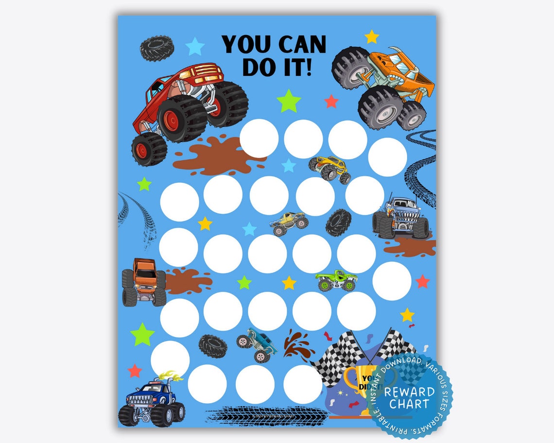 Printable Monster Truck Reward Chart, Big Cars Kids Behavior Chart ...