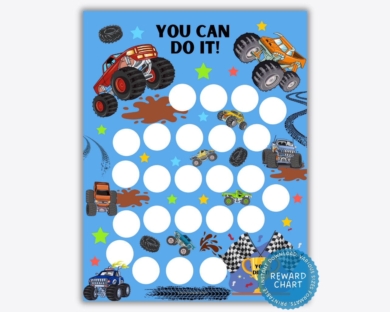 Printable Monster Truck Reward Chart, Big Cars Kids Behavior Chart ...