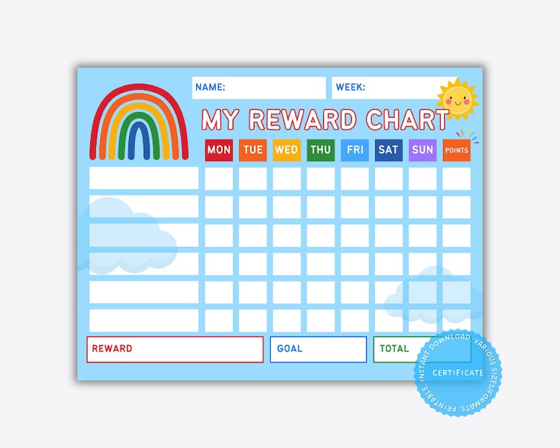 Rainbow Chore Chart Printable, Kids Reward Chart, Music Practice Chart ...