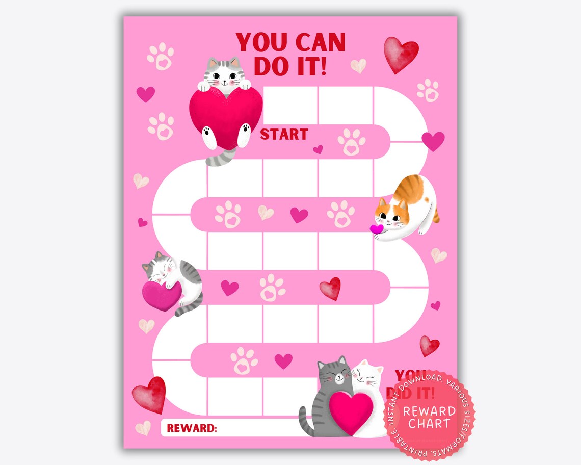Printable Cat Reward Chart, Valentine Reward Chart, Potty Training ...