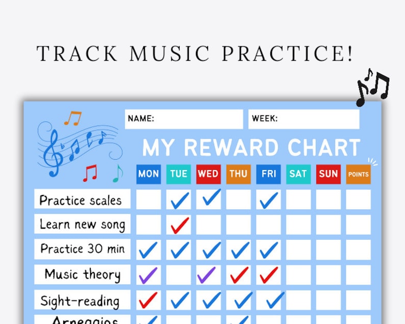 Printable Music Reward Chart, Music Practice Chart, Kids Reward Chart ...