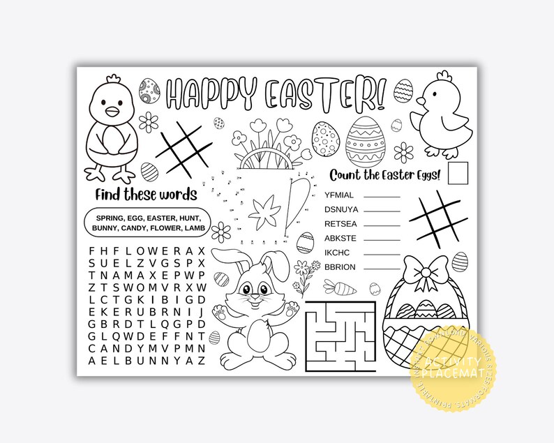 Easter Activity Placemat, Spring Coloring Placemat, Printable Easter ...