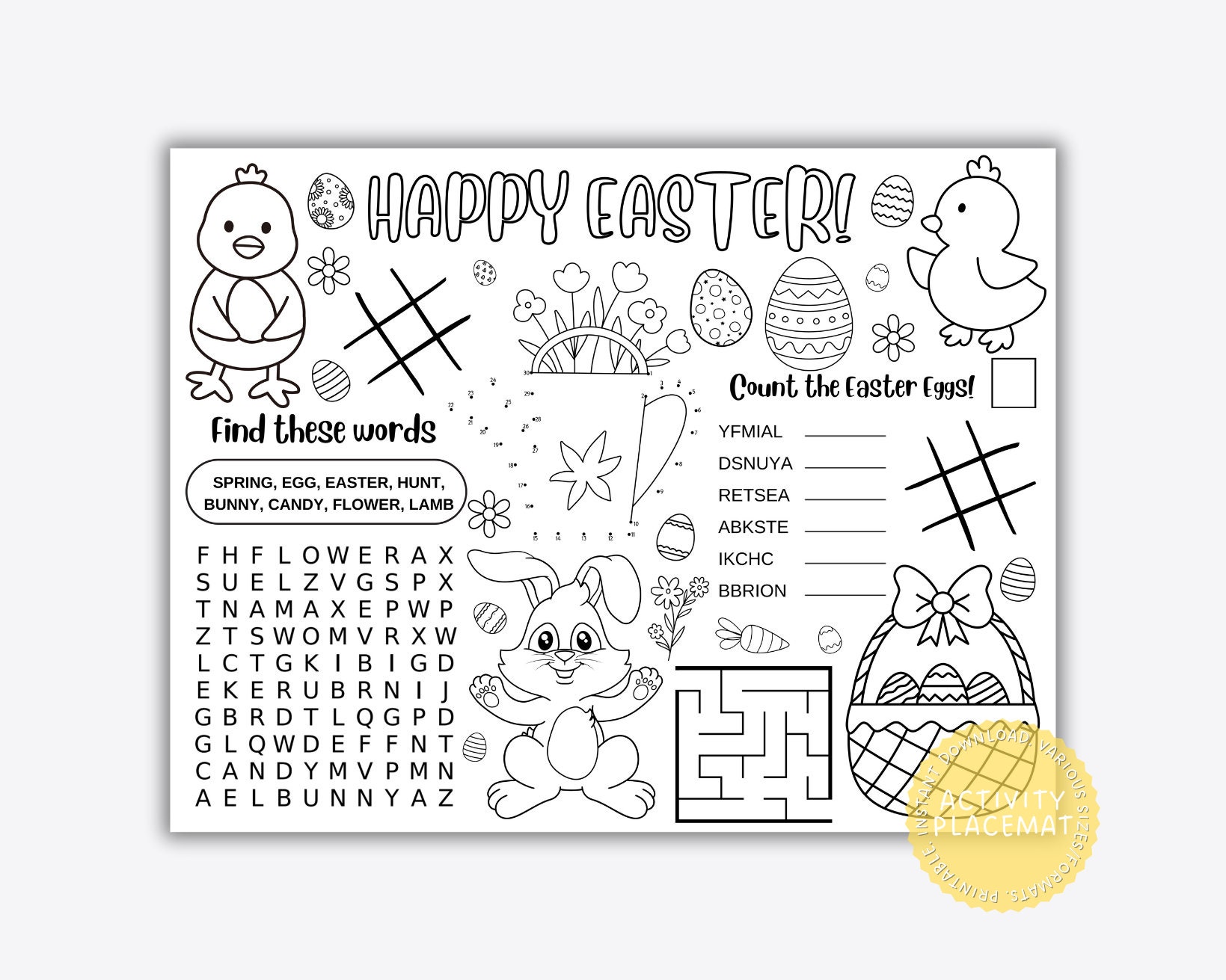 Easter Activity Placemat, Spring Coloring Placemat, Printable Easter ...