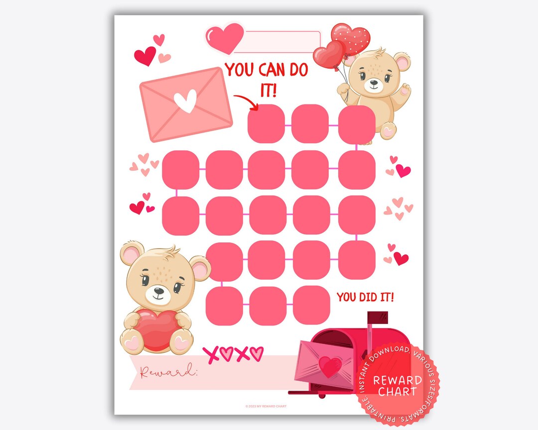 Valentine Reward Chart, Printable Potty Training Chart, Printable ...