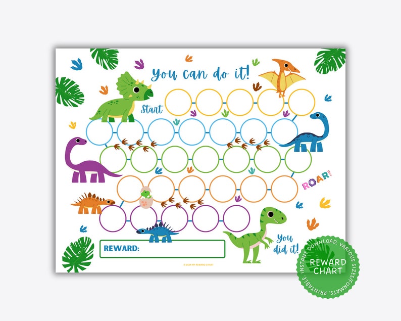 Printable Dinosaur Reward Chart for Kids, Dino Potty Training Chart for ...