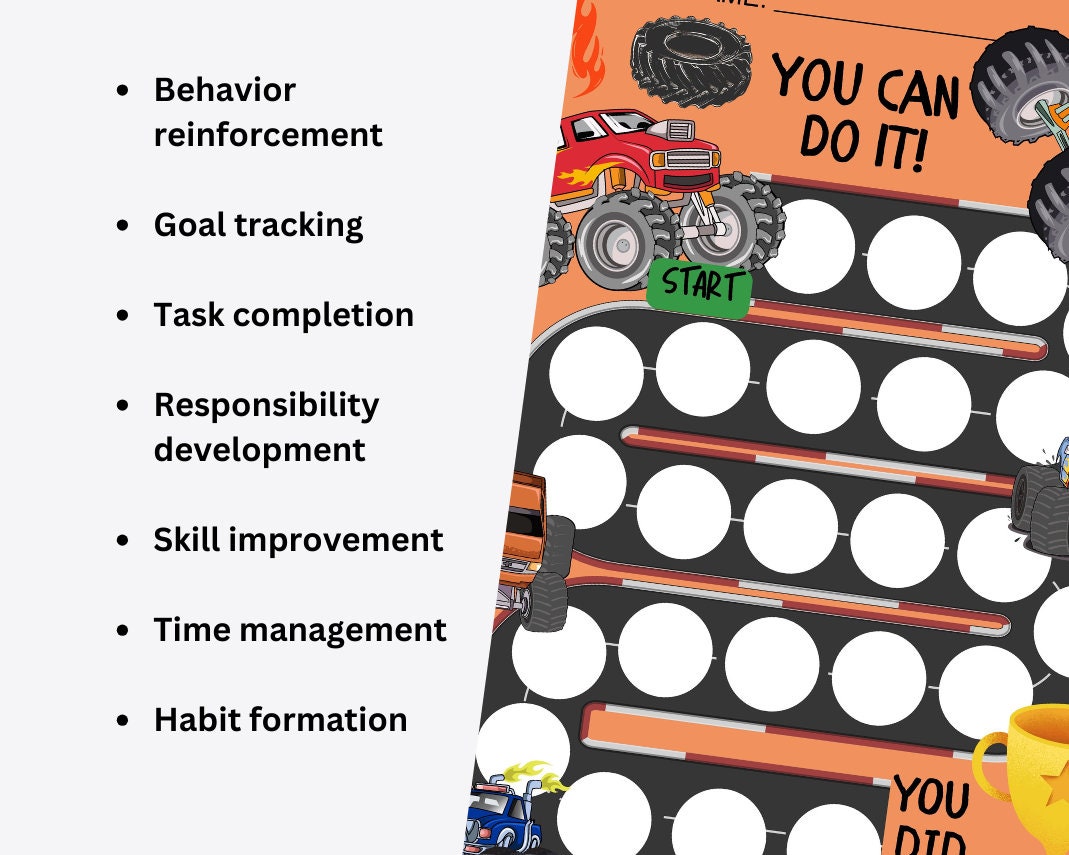 Printable Monster Truck Reward Chart, Big Cars Kids Behavior Chart ...
