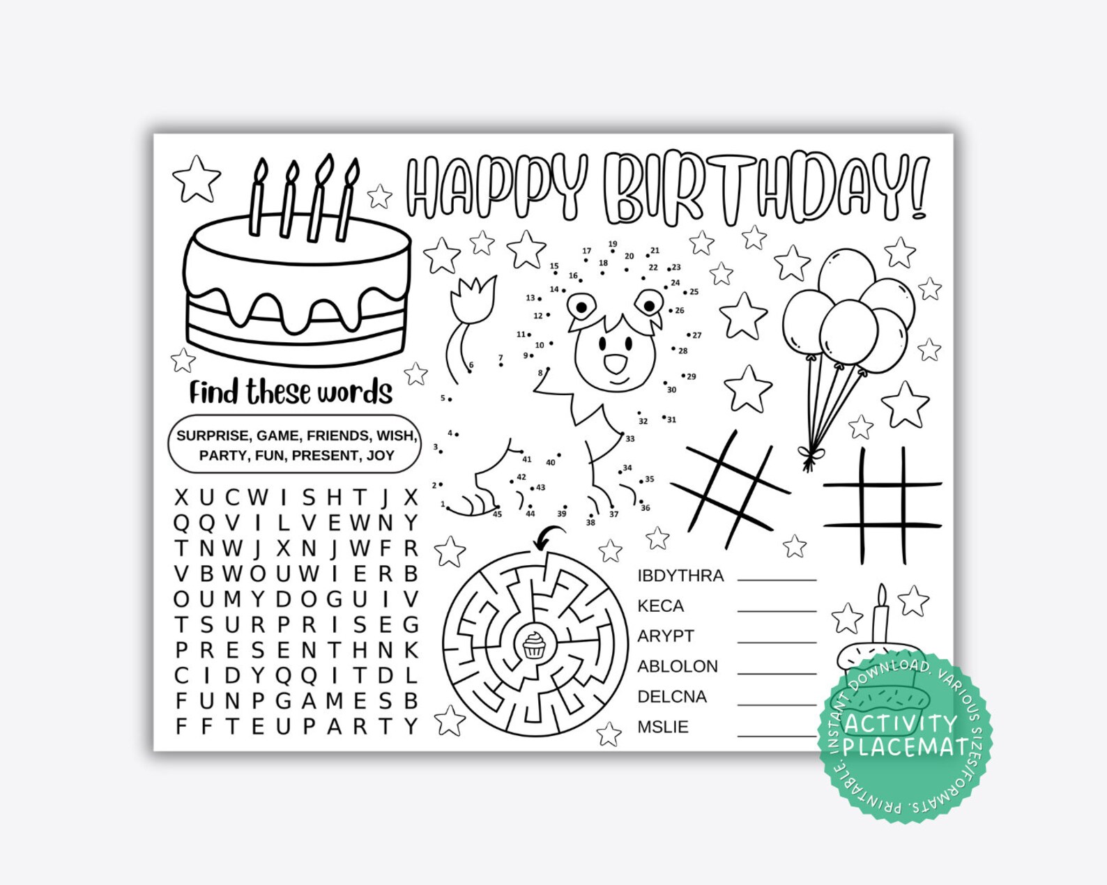 Printable Birthday Activity Placemat, Kids Coloring Mat, Birthday ...