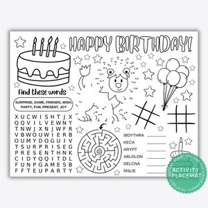 Printable Birthday Activity Placemat, Kids Coloring Mat, Birthday ...