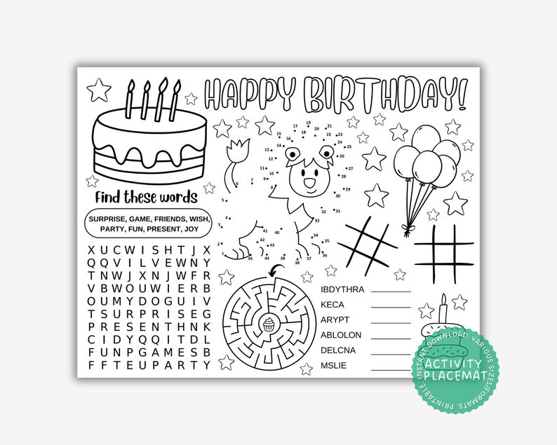 Printable Birthday Activity Placemat: Kids Coloring Mat (PDF) - Etsy