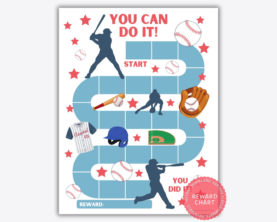 Printable Sports Reward Chart for Kids, Baseball Reward Chart, Boys ...
