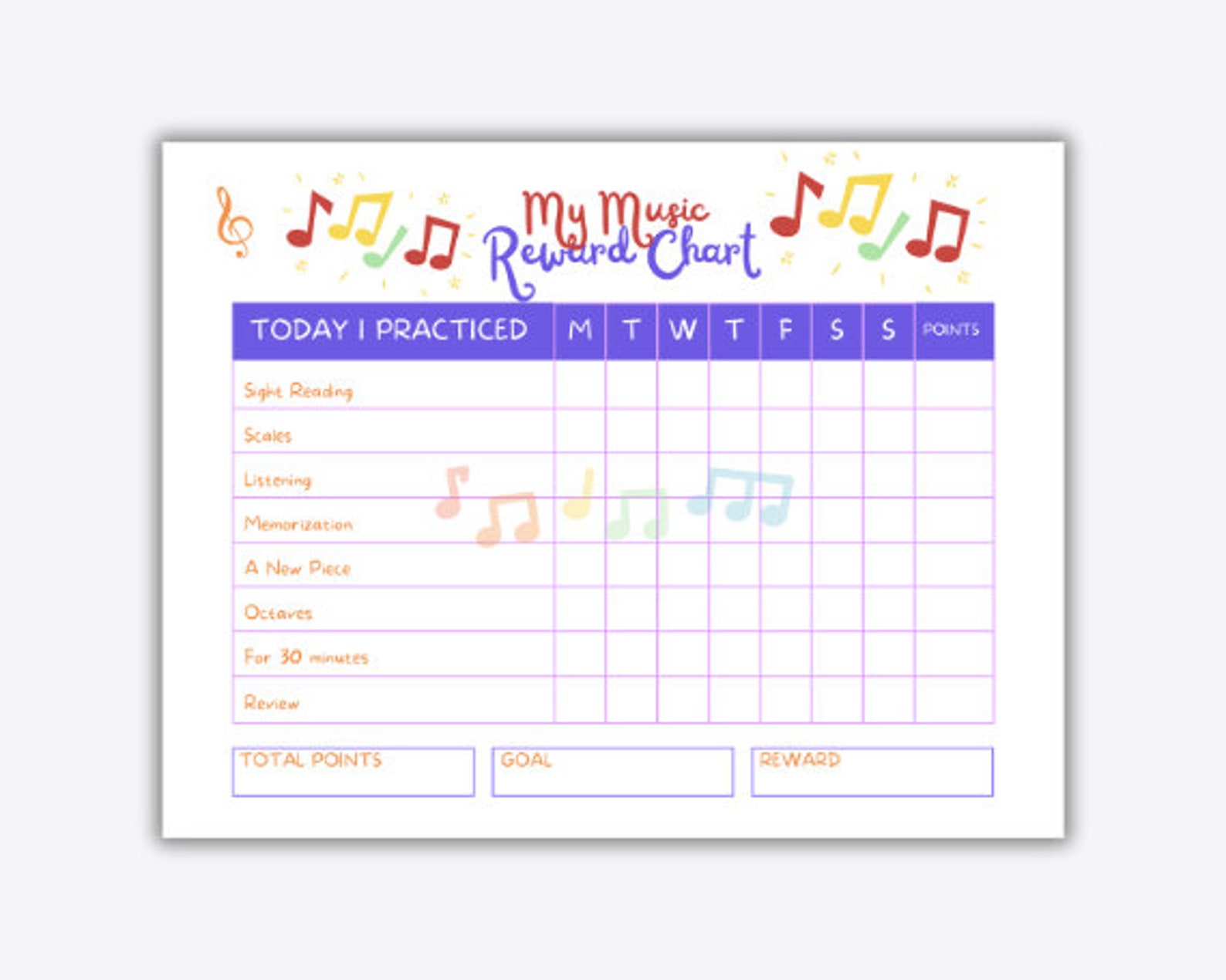 Printable Music Practice Reward Chart for Kids - Piano, Violin, Guitar ...