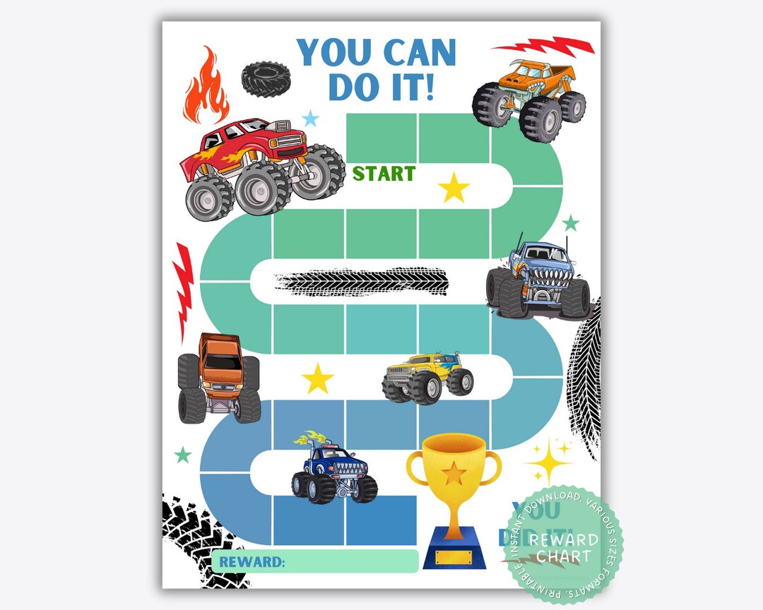Monster Truck Reward Chart for Boys, Boys Potty Training Chart, Big ...