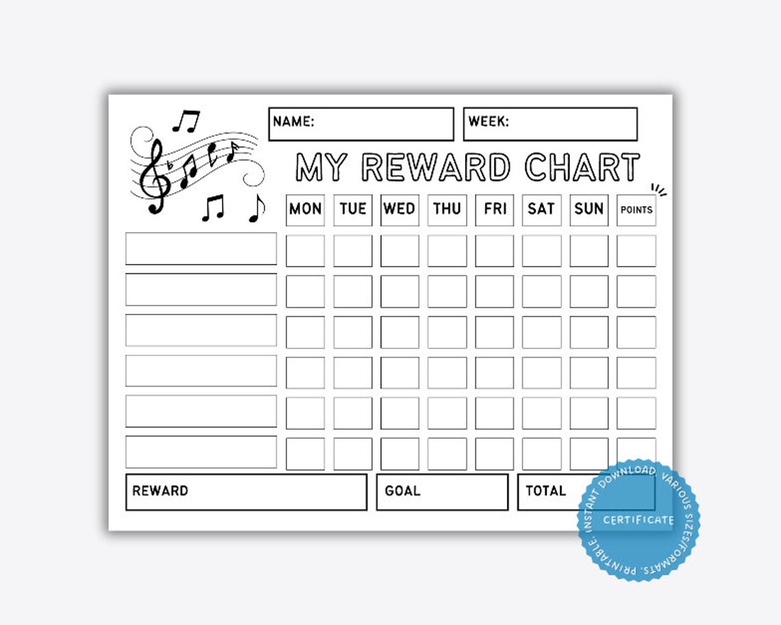 Printable Music Reward Chart, Music Practice Chart, Kids Reward Chart ...